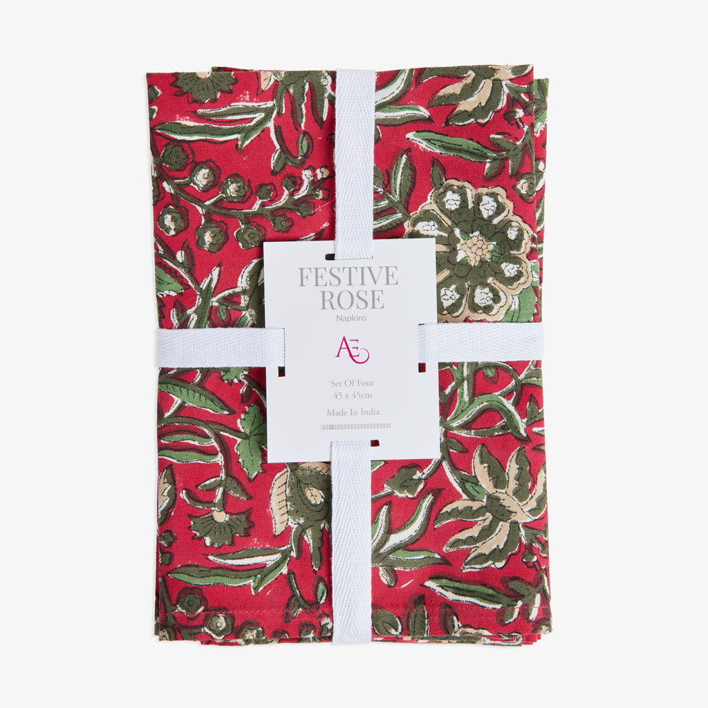 Festive Red Rose Napkins Set of 4 | Christmas Table Linen