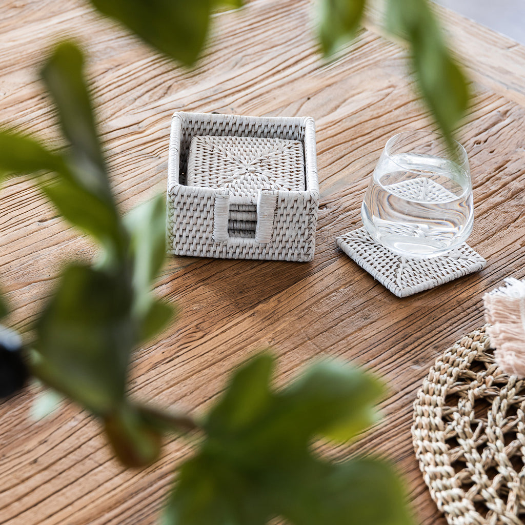 Rattan Square Coaster Set (White Washed)
