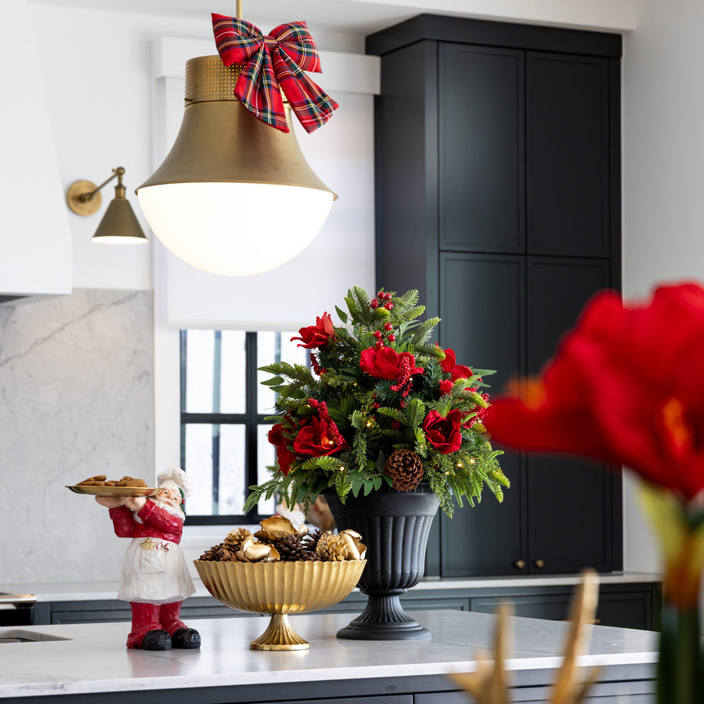 Red Magnolia Arrangement with Lights (81cm) | Christmas Planter Decor