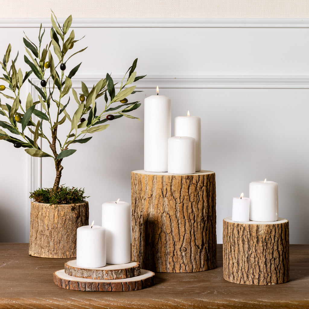 Rustic Wood Planters with Bark | Tree Trunk Display Risers & Vases