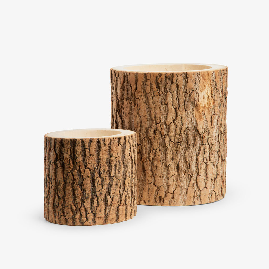 Rustic Wood Planters with Bark | Tree Trunk Display Risers & Vases