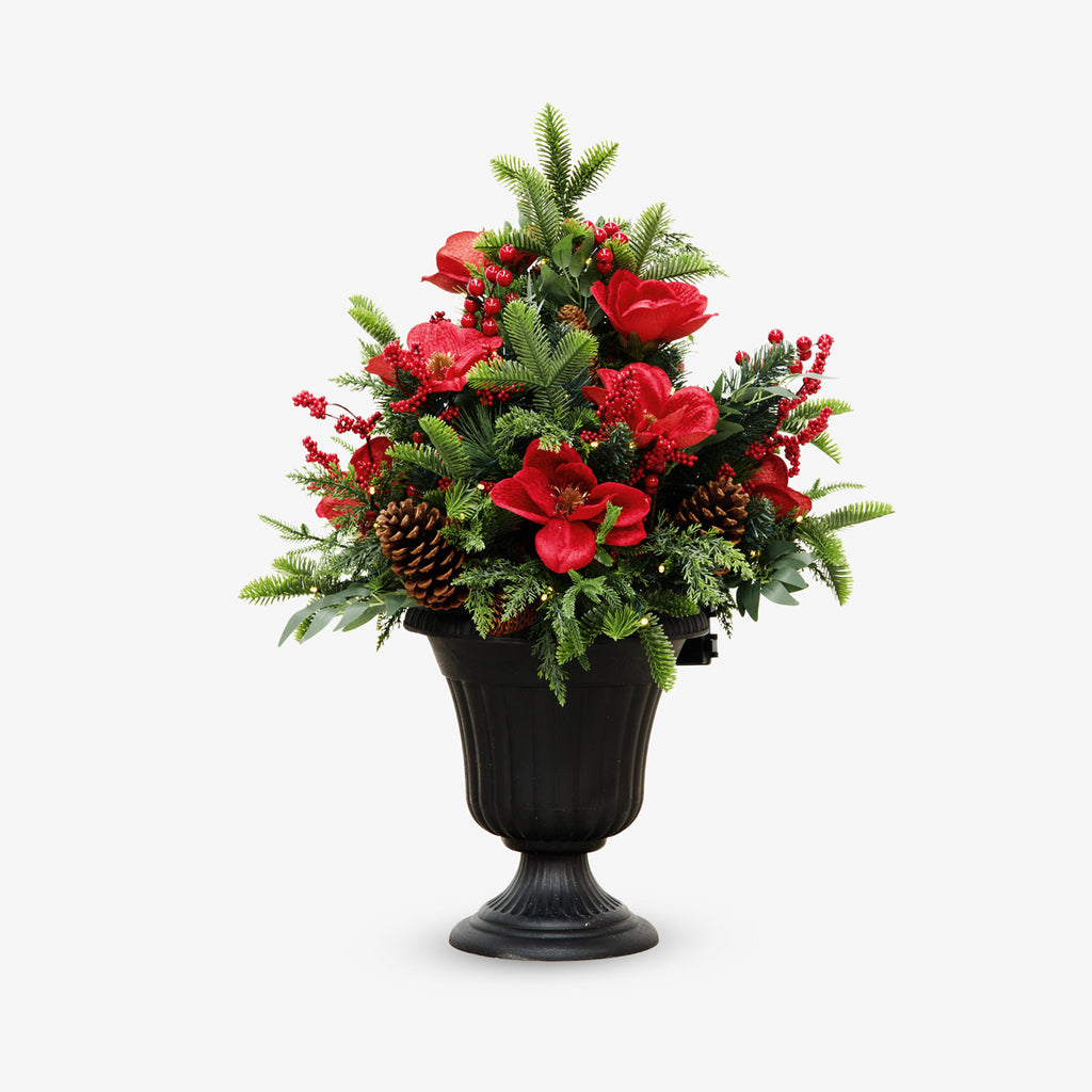 Red Magnolia Arrangement with Lights (81cm) | Christmas Planter Decor