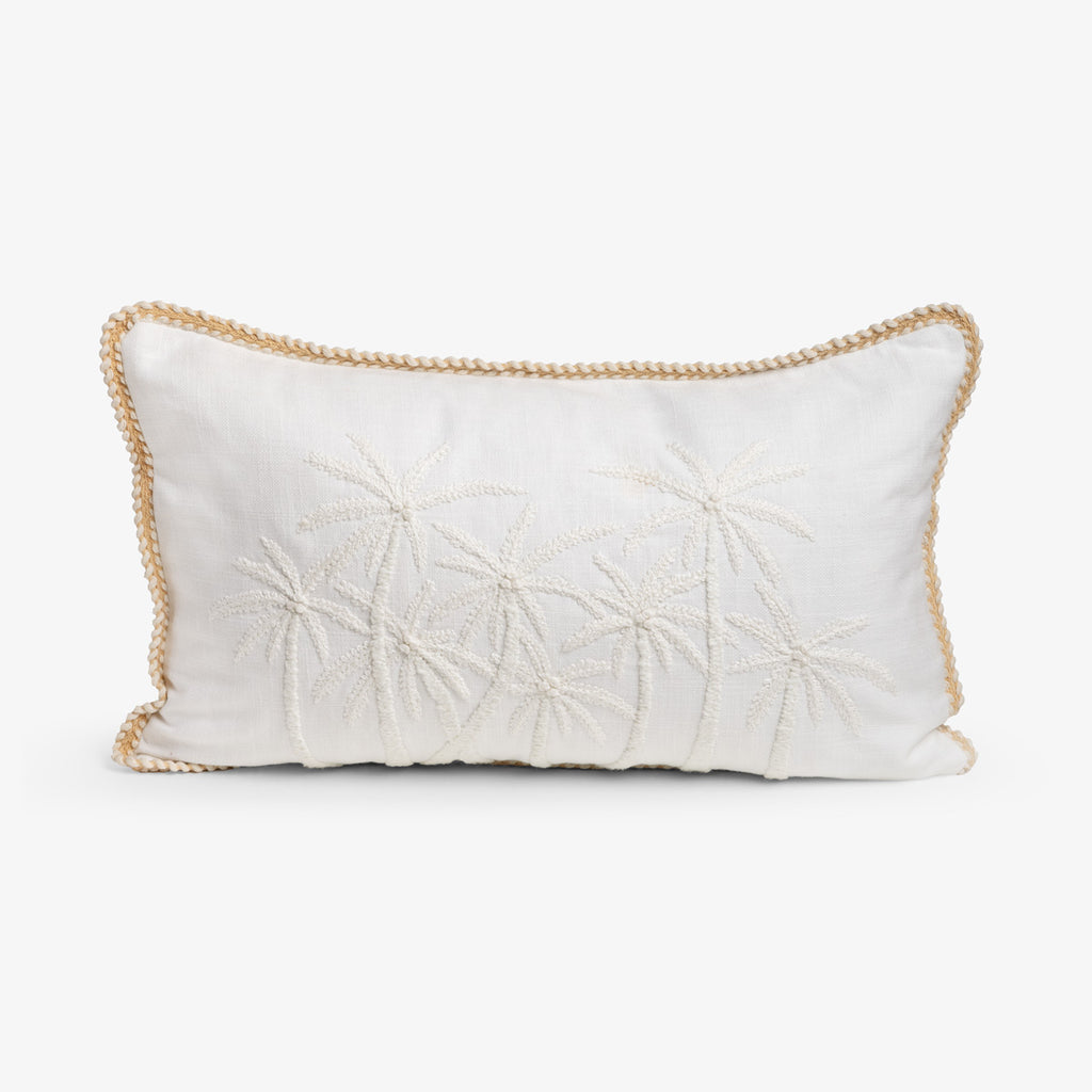 Embroidered Palm Tree Cushion Cover (White Rectangular) | Cushions