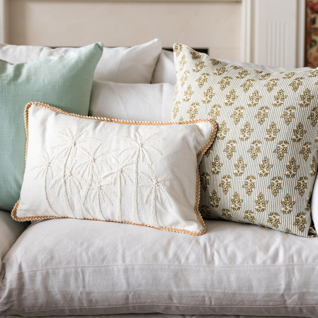 Embroidered Palm Tree Cushion Cover (White Rectangular) | Cushions
